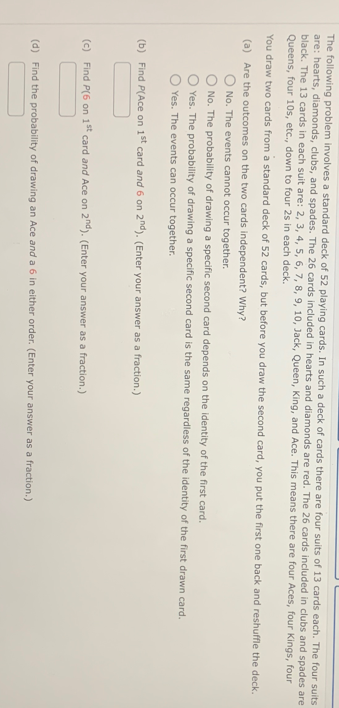 Solved The following problem involves a standard deck of 52 | Chegg.com