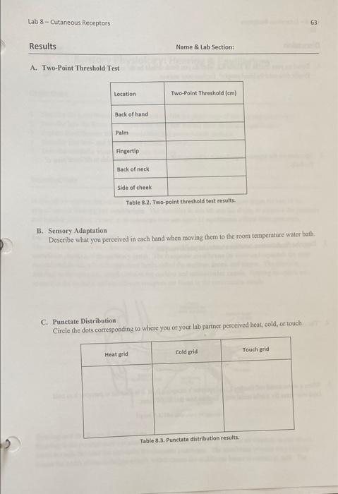 Solved Lab 8-Cutaneous Receptors 63 Results Name & Lab | Chegg.com