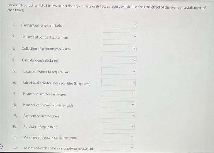 Solved For each transaction listed below, select the | Chegg.com