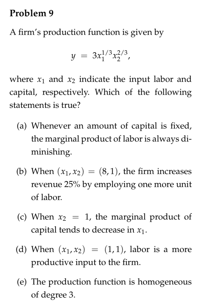 Solved Problem 9A firm's production function is given | Chegg.com