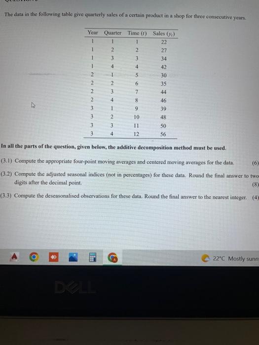 Solved The data in the following table give quarterly sales | Chegg.com