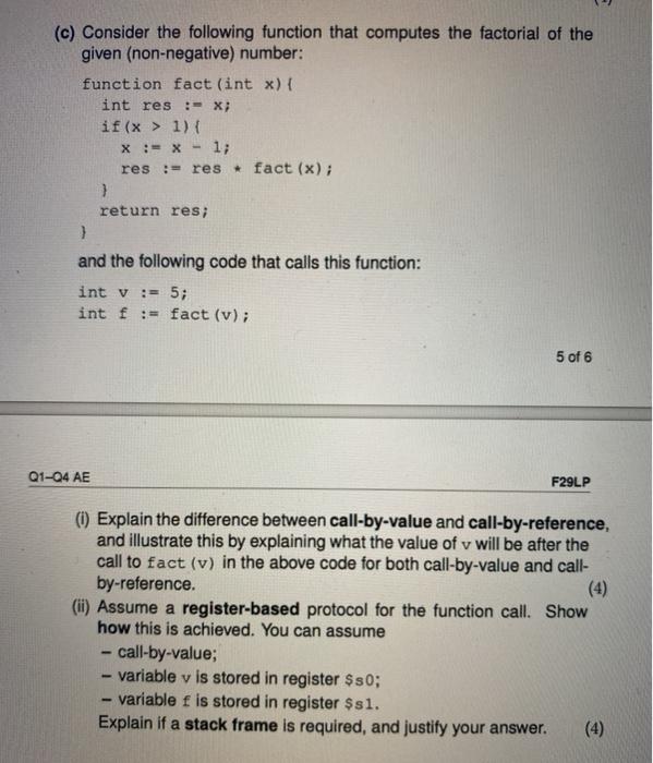 Solved (c) Consider the following function that computes the | Chegg.com