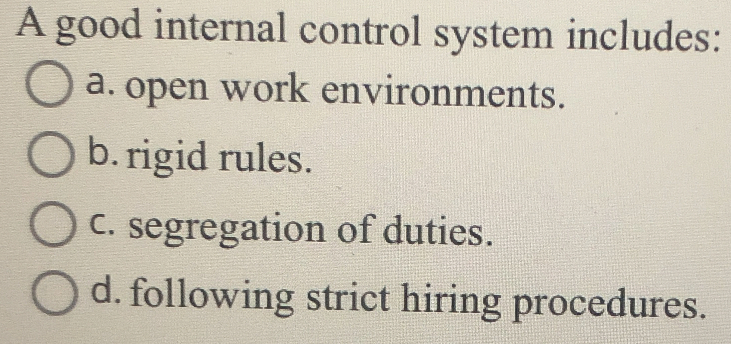 Solved A good internal control system includes:a. ﻿open work | Chegg.com
