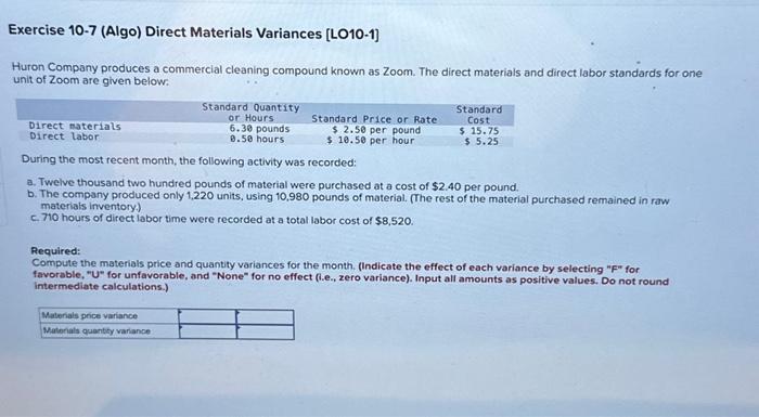 Solved Exercise 10-7 (Algo) Direct Materials Variances | Chegg.com
