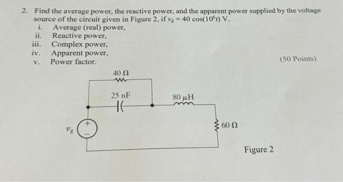 Solved 2. Find the average power, the reactive power, and | Chegg.com