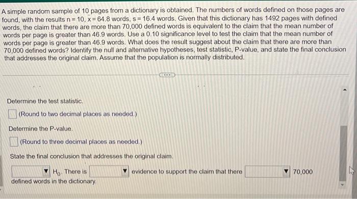 Solved A simple random sample of 10 pages from a dictionary | Chegg.com