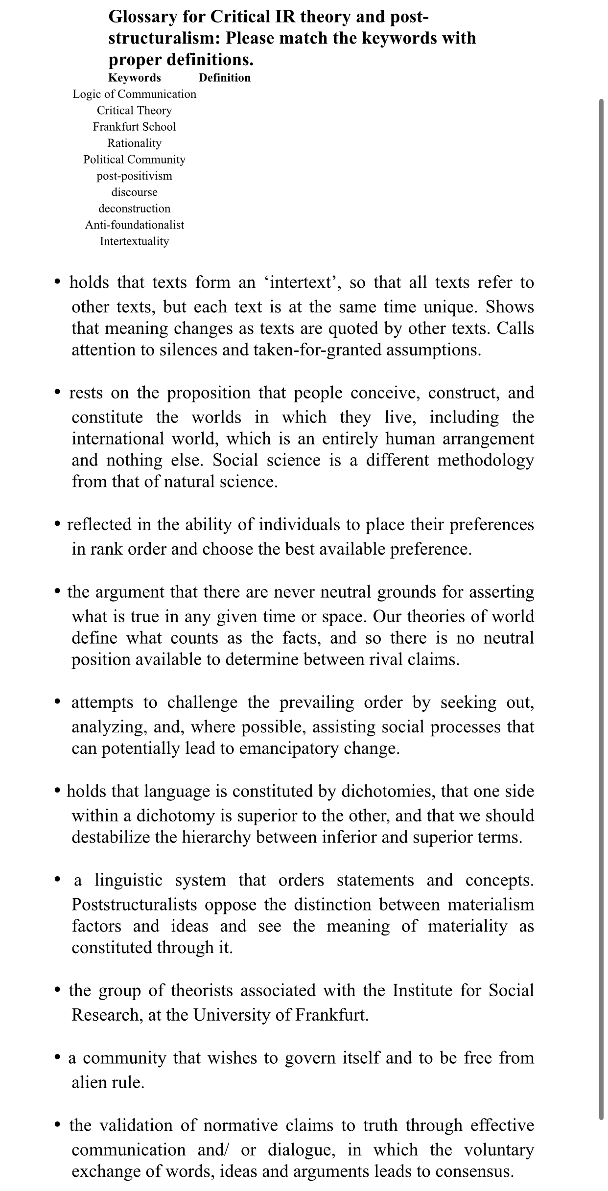 Solved Glossary for Critical IR theory and | Chegg.com