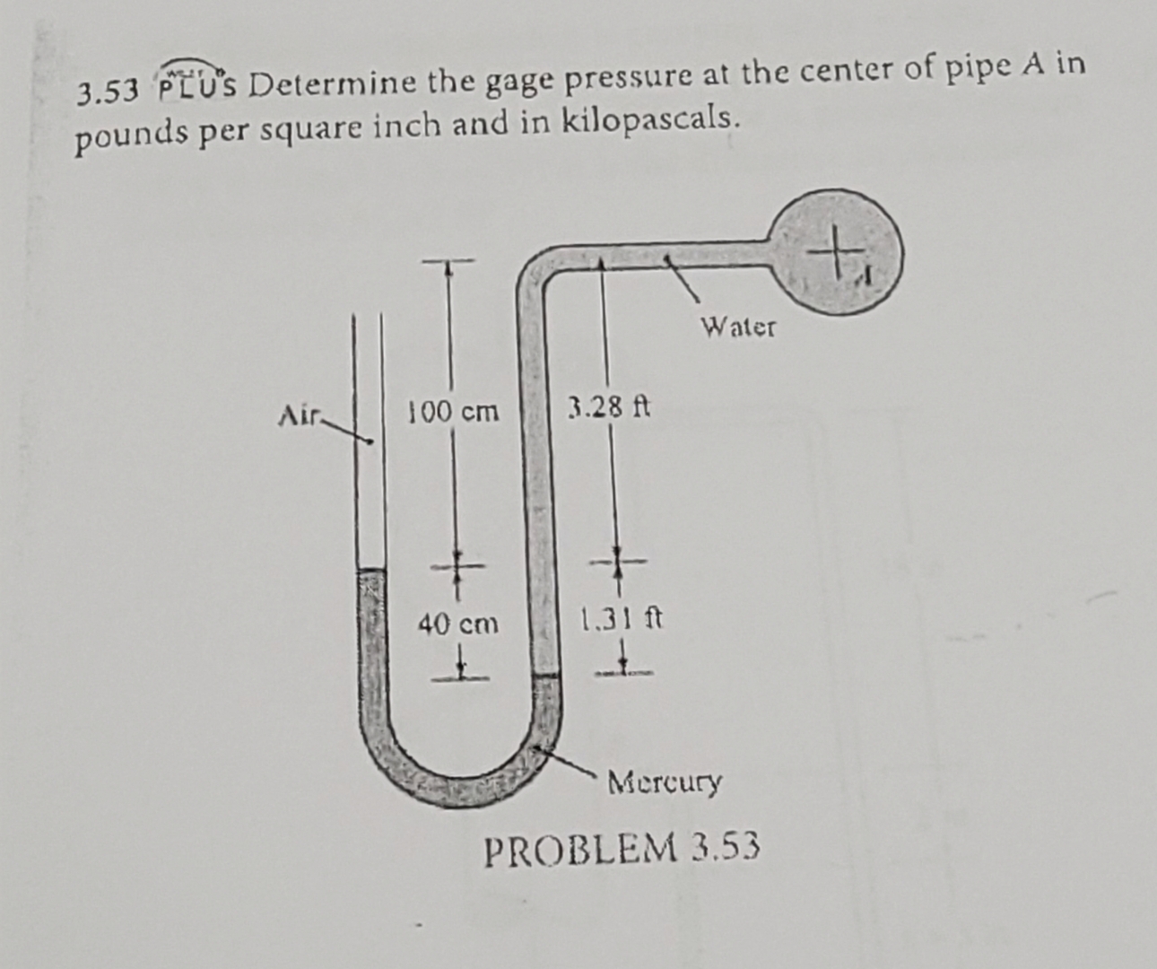 Solved 3.53 ﻿PLU'S Determine the gage pressure at the center | Chegg.com