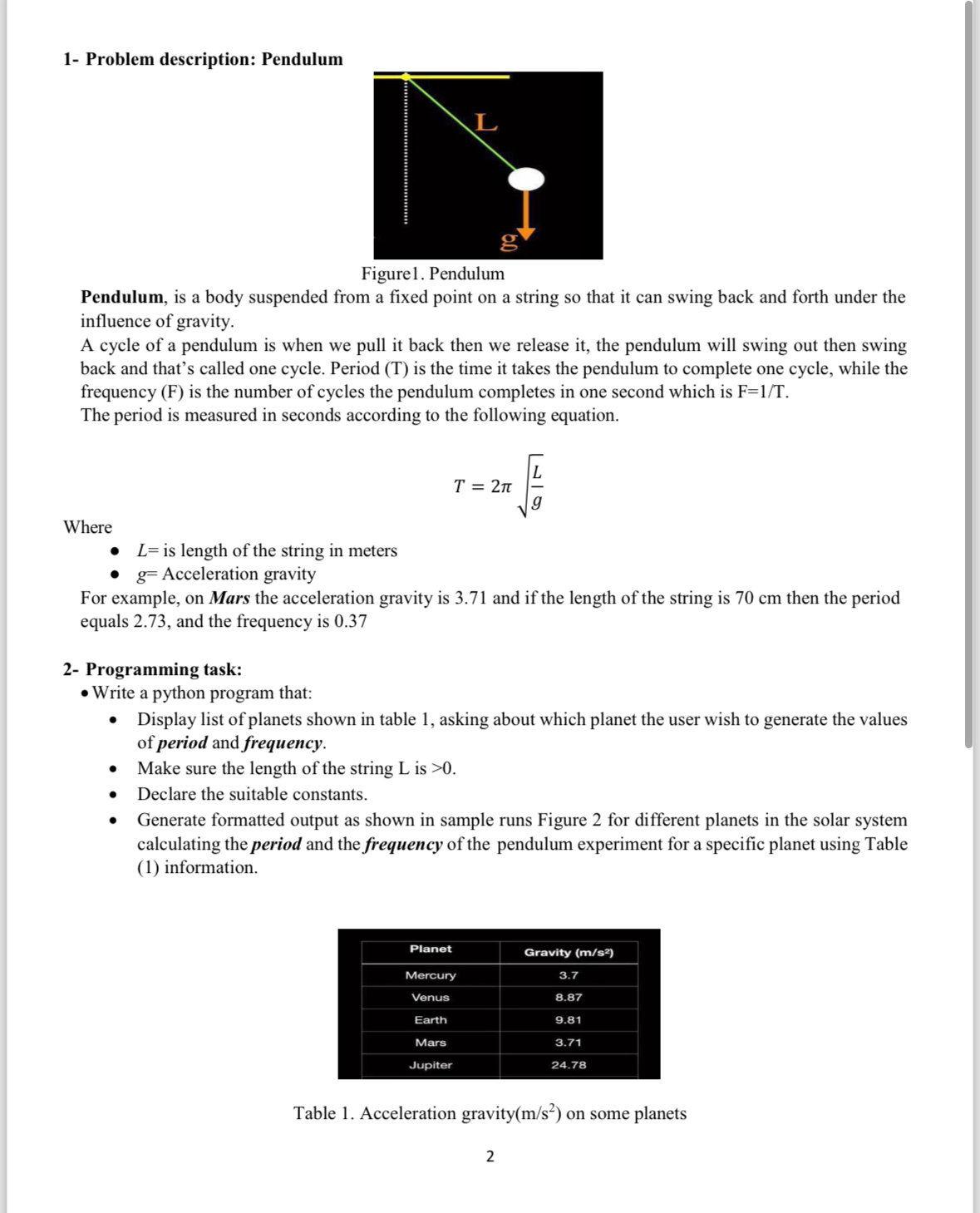 Solved 1- ﻿Problem description: PendulumFigure 1. | Chegg.com