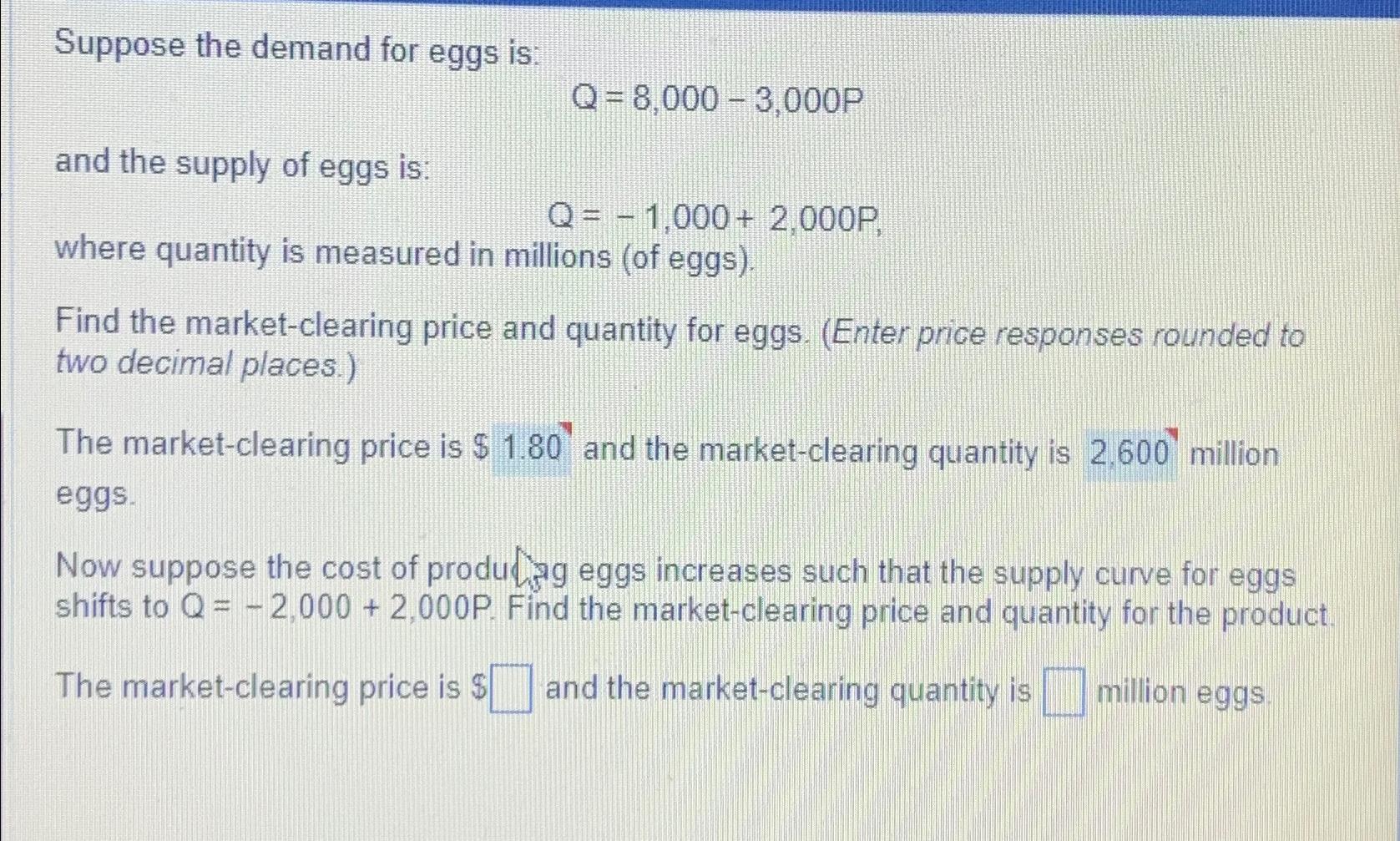 Solved Suppose the demand for eggs is:Q=8,000-3,000Pand the | Chegg.com
