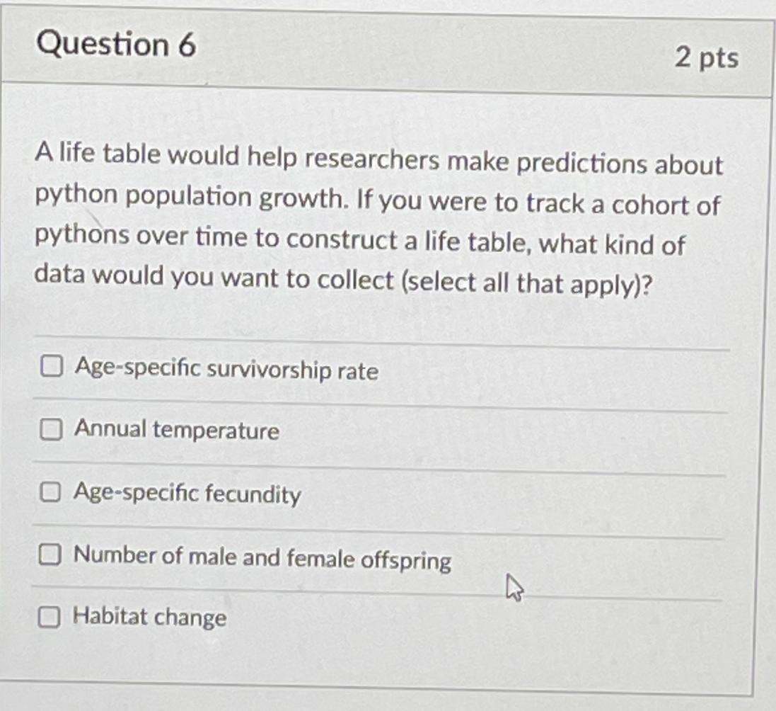 Solved Question 62 ﻿ptsA life table would help researchers | Chegg.com