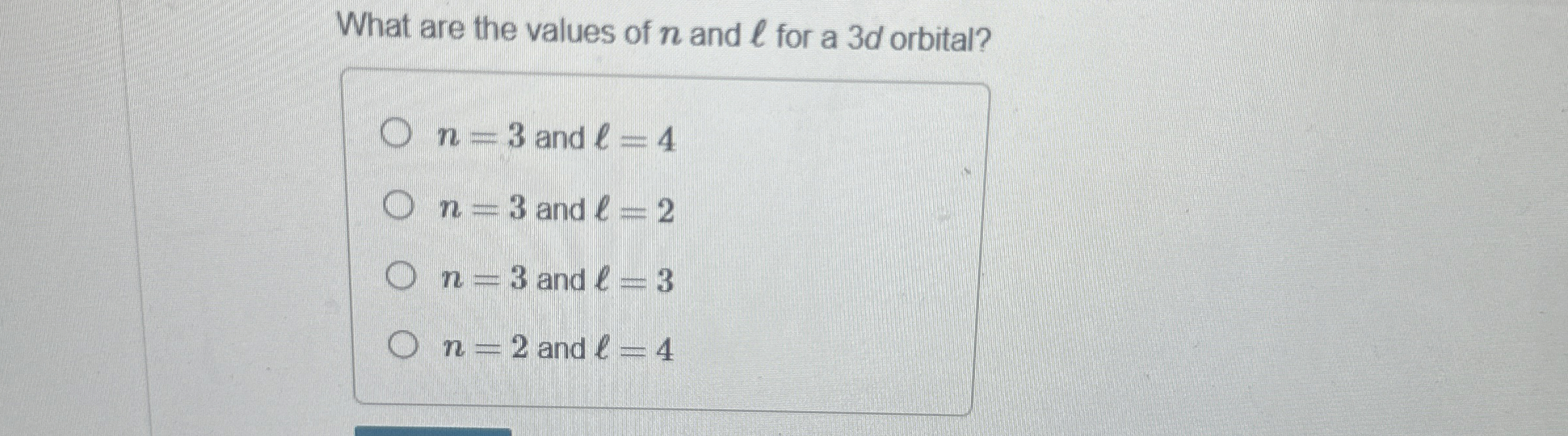 Solved What are the values of n ﻿and l ﻿for a 3d | Chegg.com