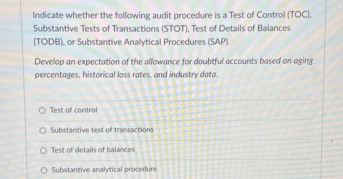 Solved Indicate whether the following audit procedure is a | Chegg.com