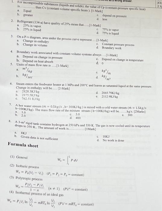 Solved 1. For incompressible substances (liquids and | Chegg.com