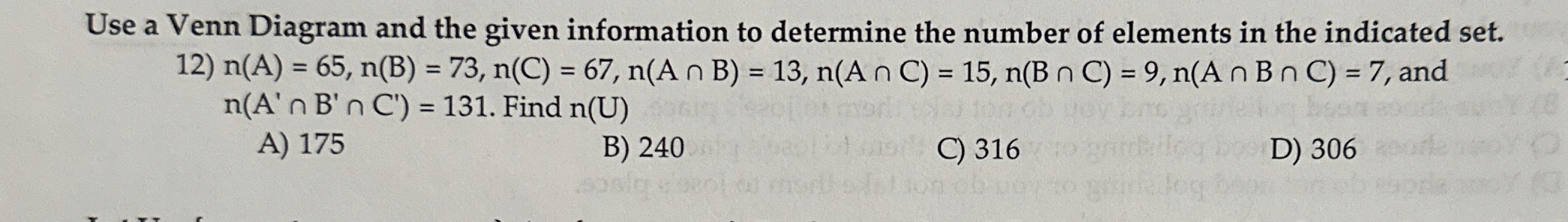 Use a Venn Diagram and the given information to | Chegg.com