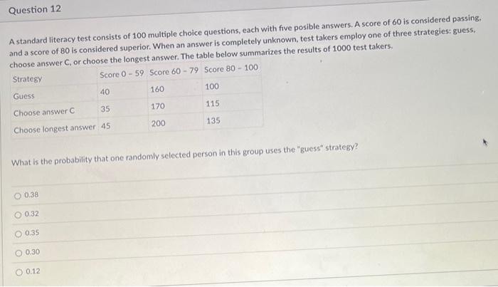 Solved A standard literacy test consists of 100 multiple | Chegg.com