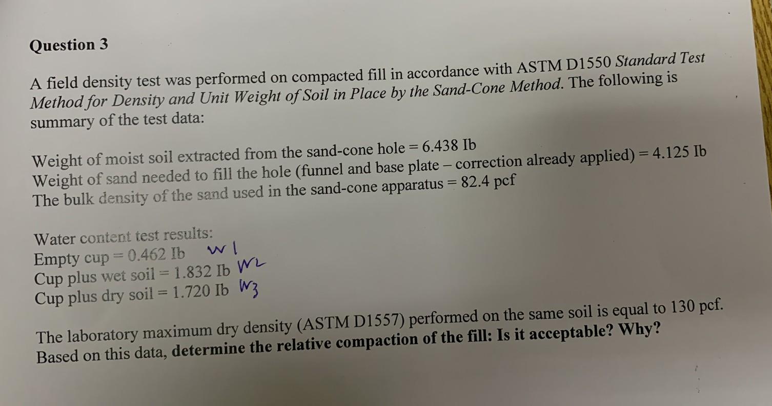 Solved Question 3 A field density test was performed on | Chegg.com