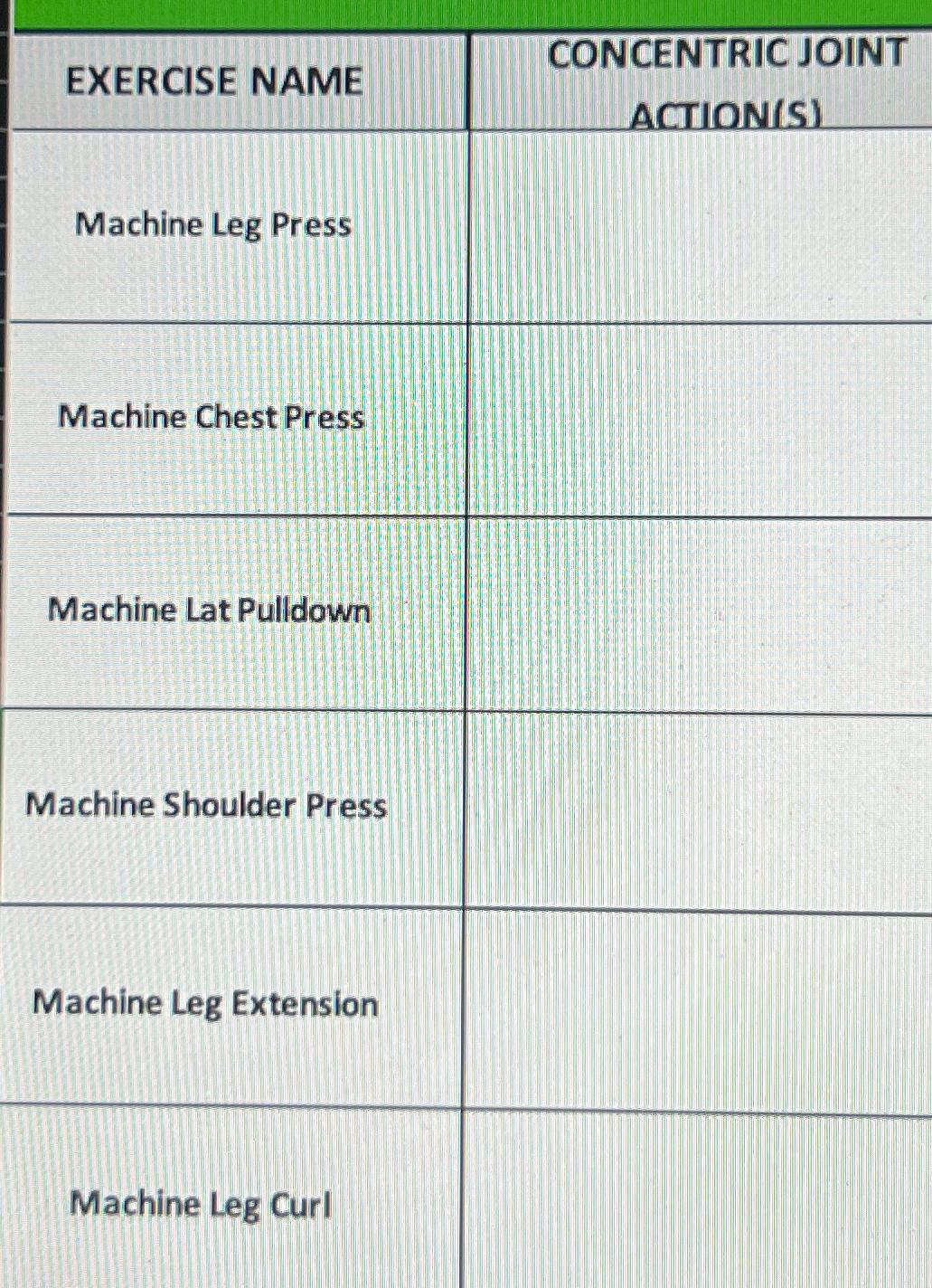 Solved EXERCISE NAMECONCENTRIC JOINTMachine Leg PressMachine | Chegg.com