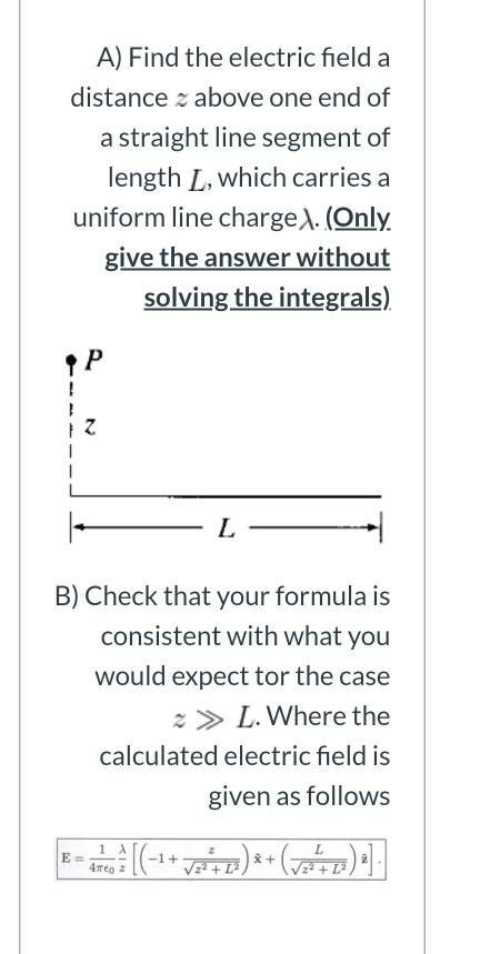 Solved A) Find the electric field a distance z above one end | Chegg.com
