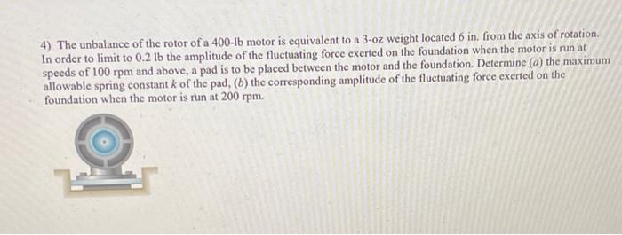 Solved 4) The unbalance of the rotor of a 400-lb motor is | Chegg.com