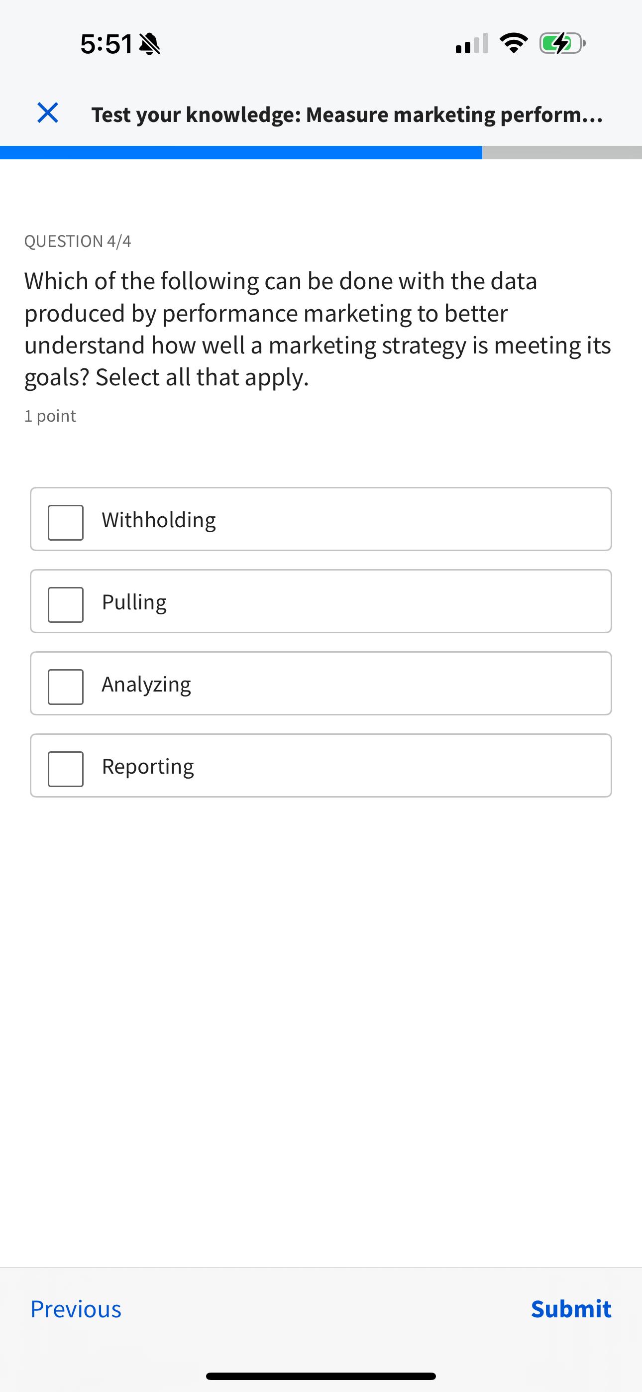 Solved 5:51Test your knowledge: Measure marketing | Chegg.com