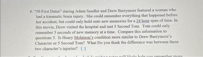 Solved 6. "50 First Dates" staring Adam Sandler and Drew | Chegg.com