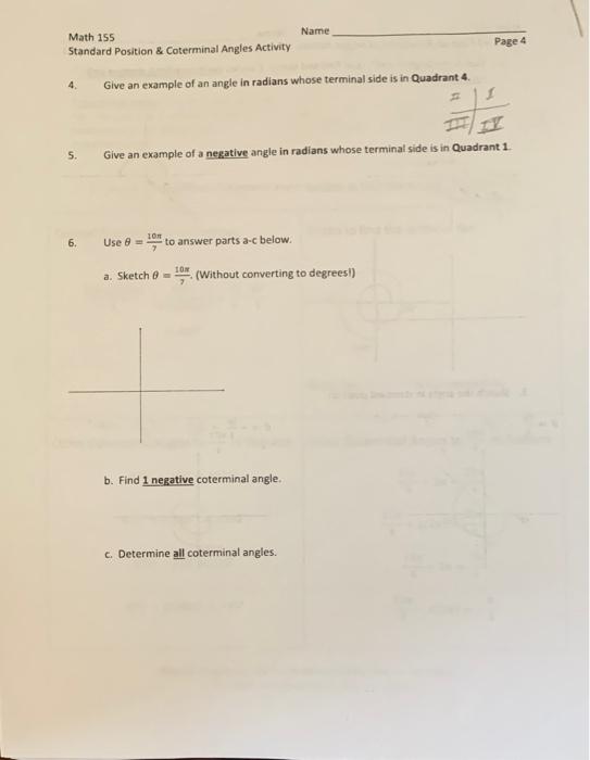 Solved Name Math 155 Standard Position & Coterminal Angles | Chegg.com