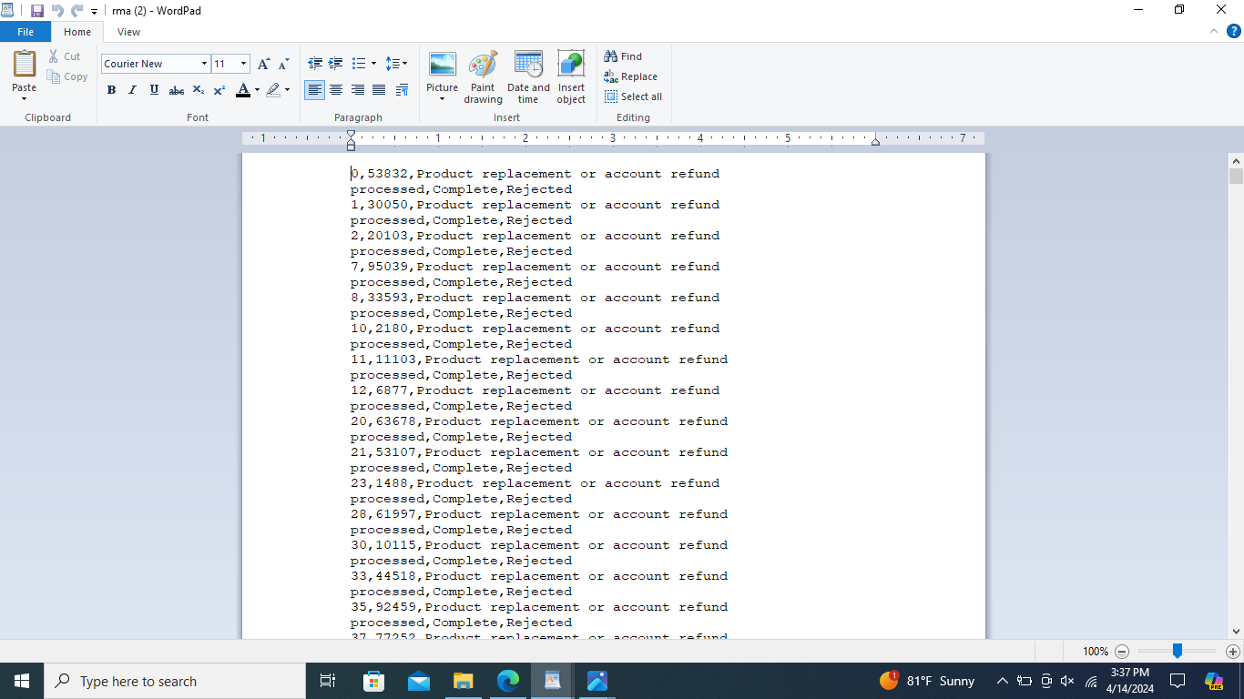 Solved This is the csv for RMA. I need to create a table for | Chegg.com