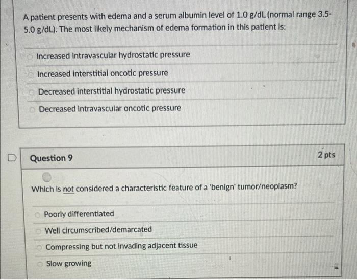 Solved A patient presents with edema and a serum albumin | Chegg.com