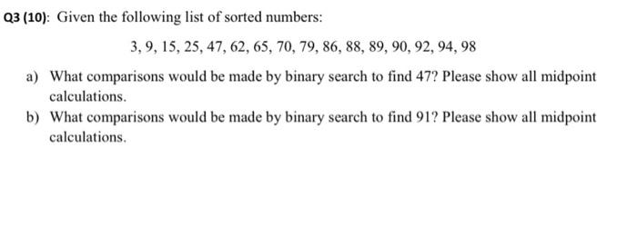 Solved Given the following list of sorted numbers: 3, 9, 15, | Chegg.com