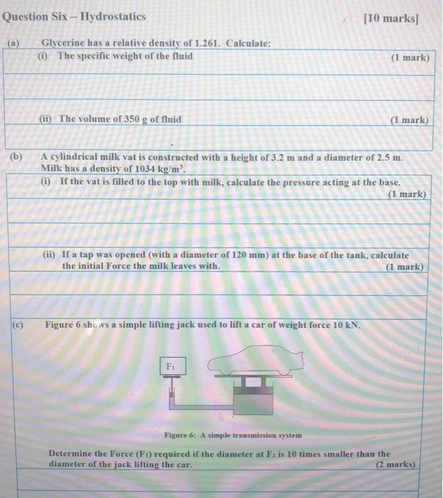 Solved Question Six - Hydrostatics [10 marks) (a) Glycerine | Chegg.com