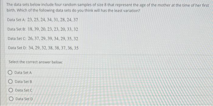 Solved The data sets below include four random samples of | Chegg.com