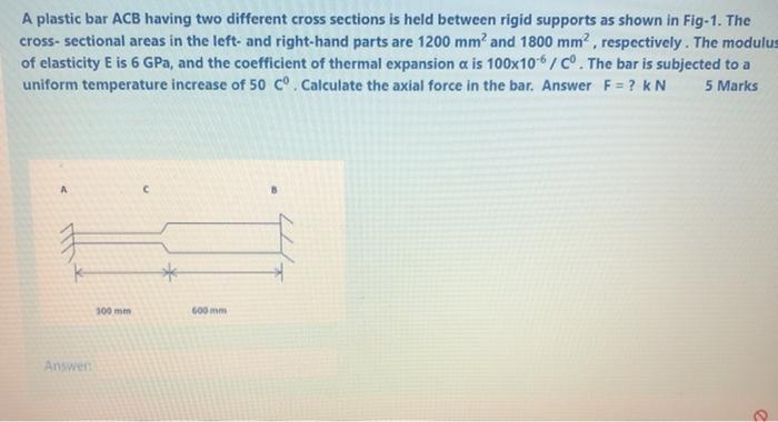 Solved A plastic bar ACB having two different cross sections | Chegg.com