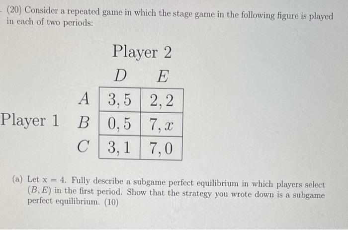 Solved - (20) Consider a repeated game in which the stage | Chegg.com