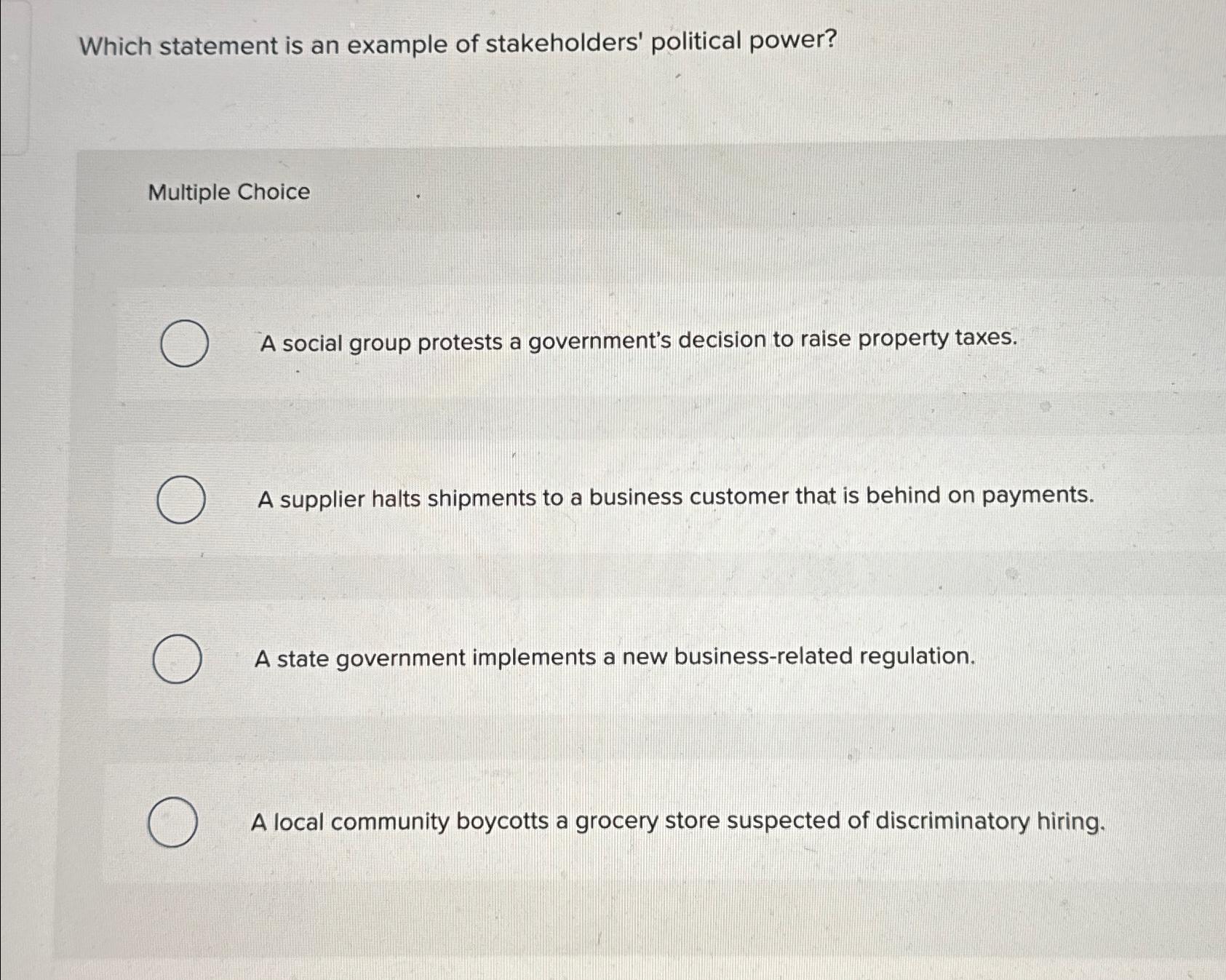 Solved Which statement is an example of stakeholders' | Chegg.com
