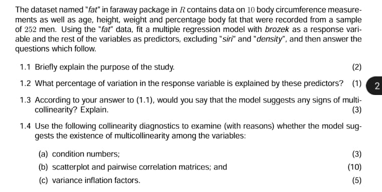 Solved please use r markdown The dataset named "fat" in | Chegg.com