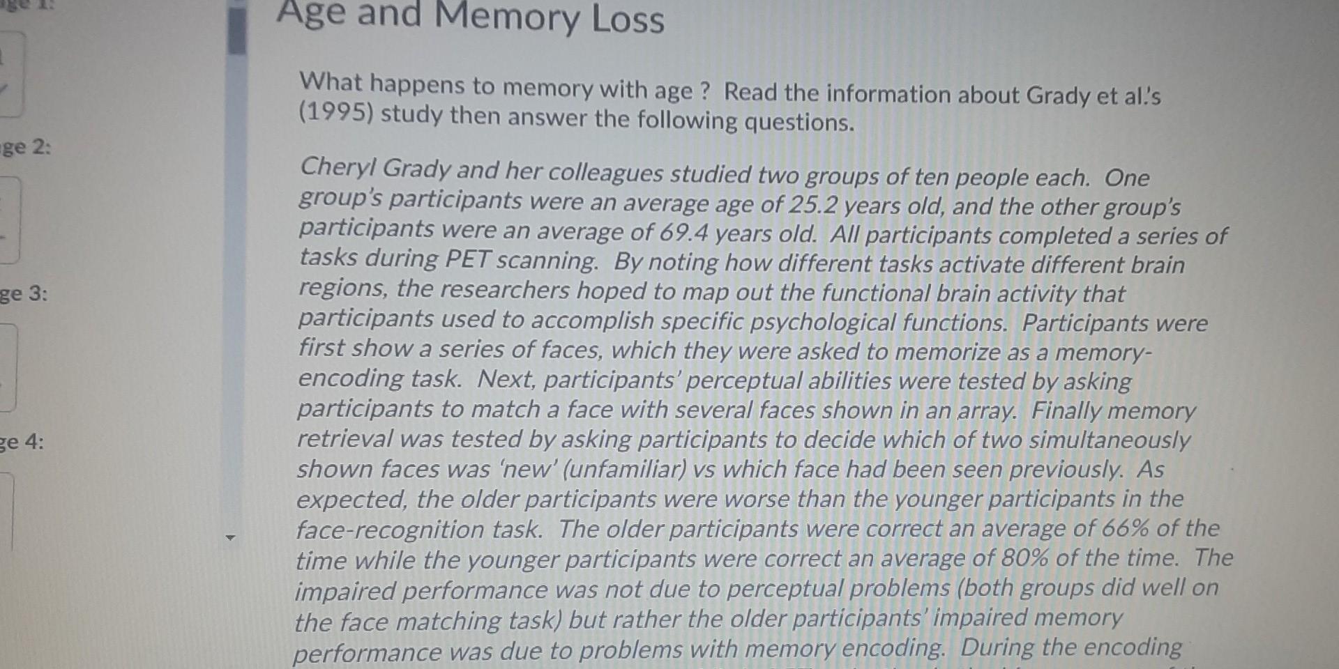 Solved Age and Memory Loss What happens to memory with age? | Chegg.com