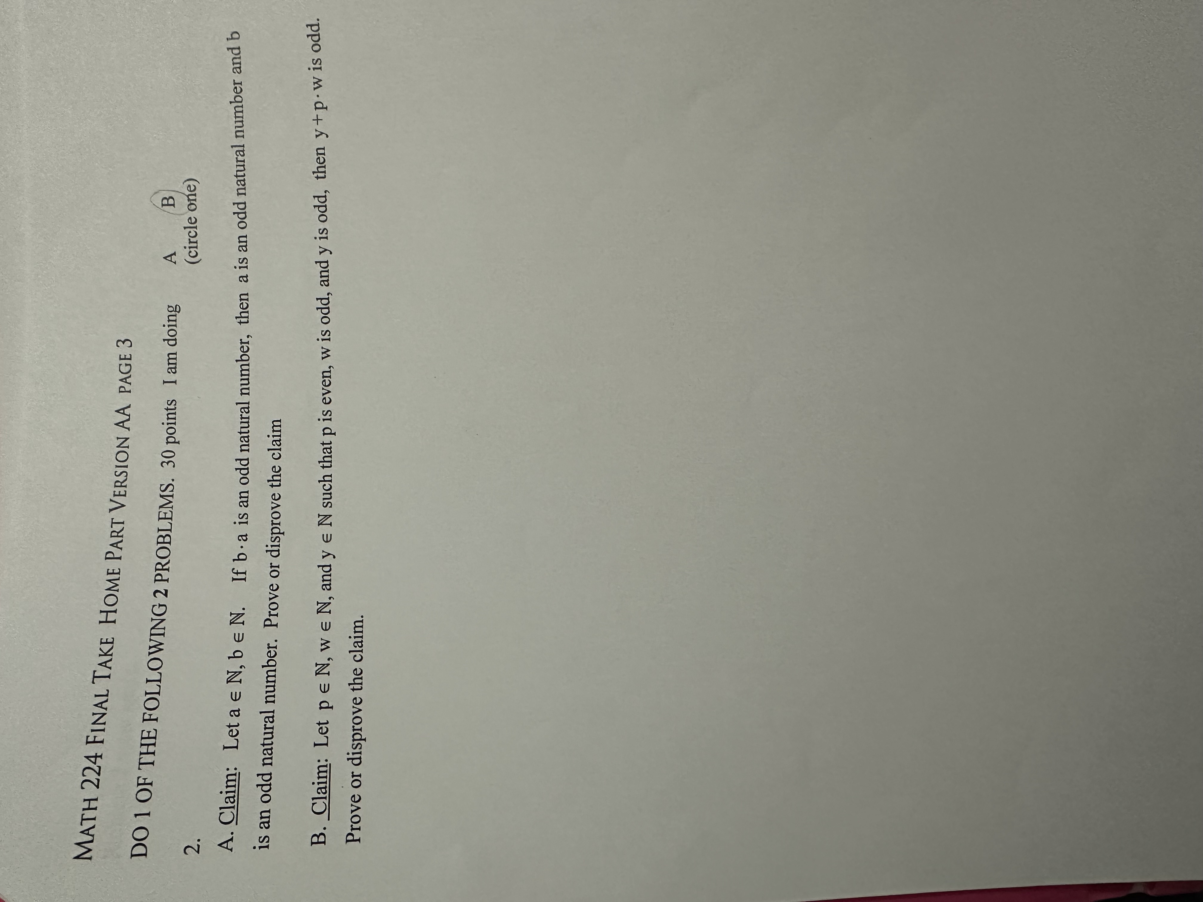 Solved Math 224 ﻿Final Take Home part Version AA page 3DO 1 | Chegg.com