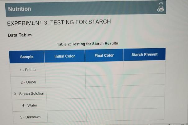 Nutrition EXPERIMENT 3: TESTING FOR STARCH Data | Chegg.com