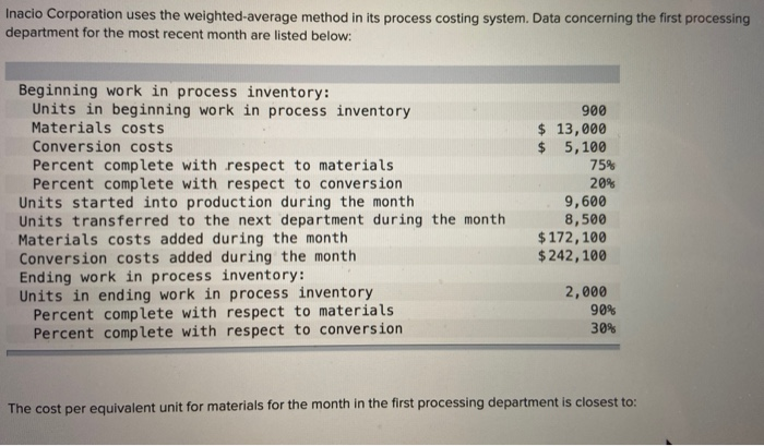 Solved Inacio Corporation uses the weighted-average method | Chegg.com