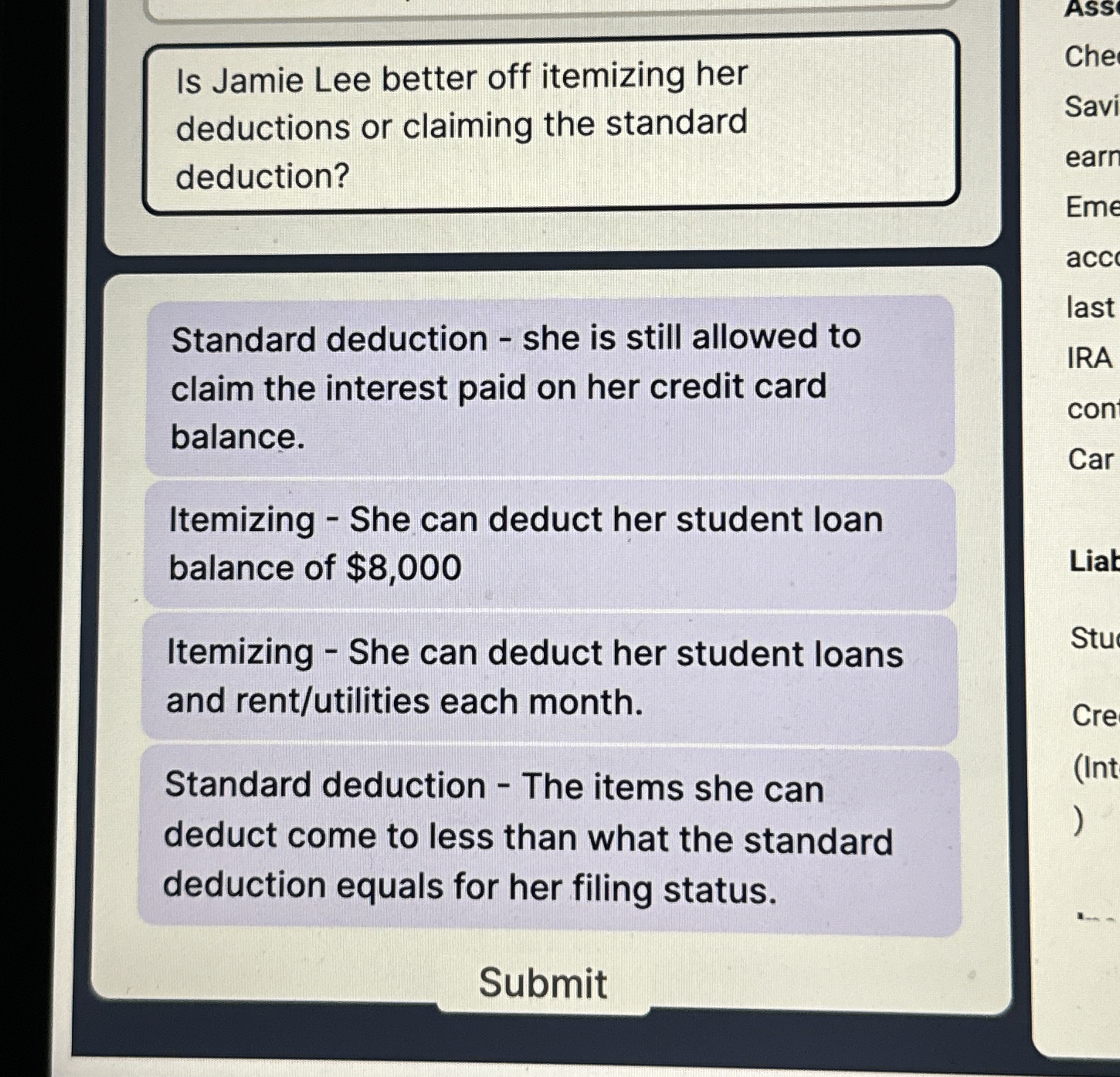 Solved Is Jamie Lee better off itemizing herdeductions or | Chegg.com