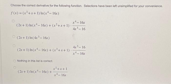 Solved Choose the correct derivative for the following | Chegg.com