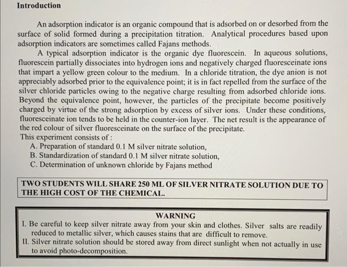 Solved Introduction An adsorption indicator is an organic | Chegg.com