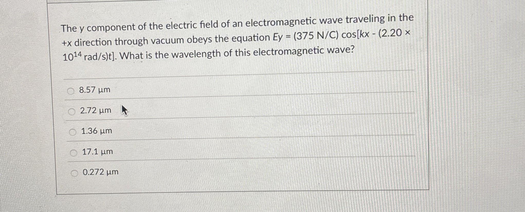 Solved The y ﻿component of the electric field of an | Chegg.com
