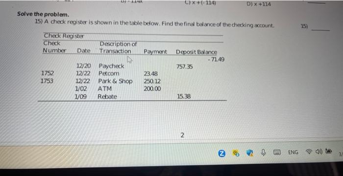 Solved Solve the problem. 15) A check register is shown in | Chegg.com