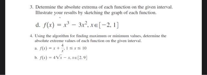 Solved 3. Determine the absolute extrema of each function on | Chegg.com