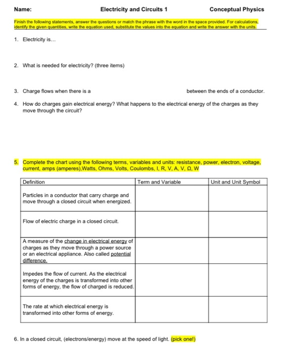Solved Name: Electricity and Circuits 1 Conceptual Physics | Chegg.com