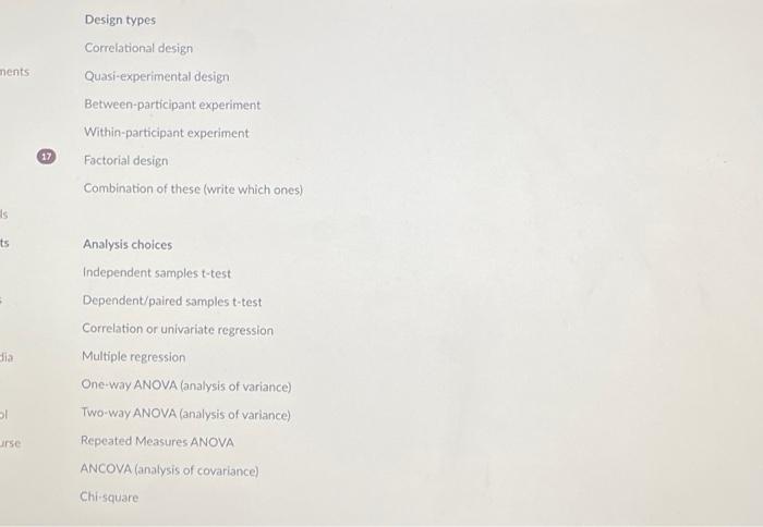 ments Is ts dia bl irse 17 Design types Correlational | Chegg.com