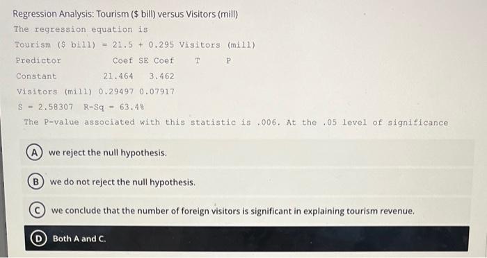 Solved Regression Analysis Tourism Bill Versus