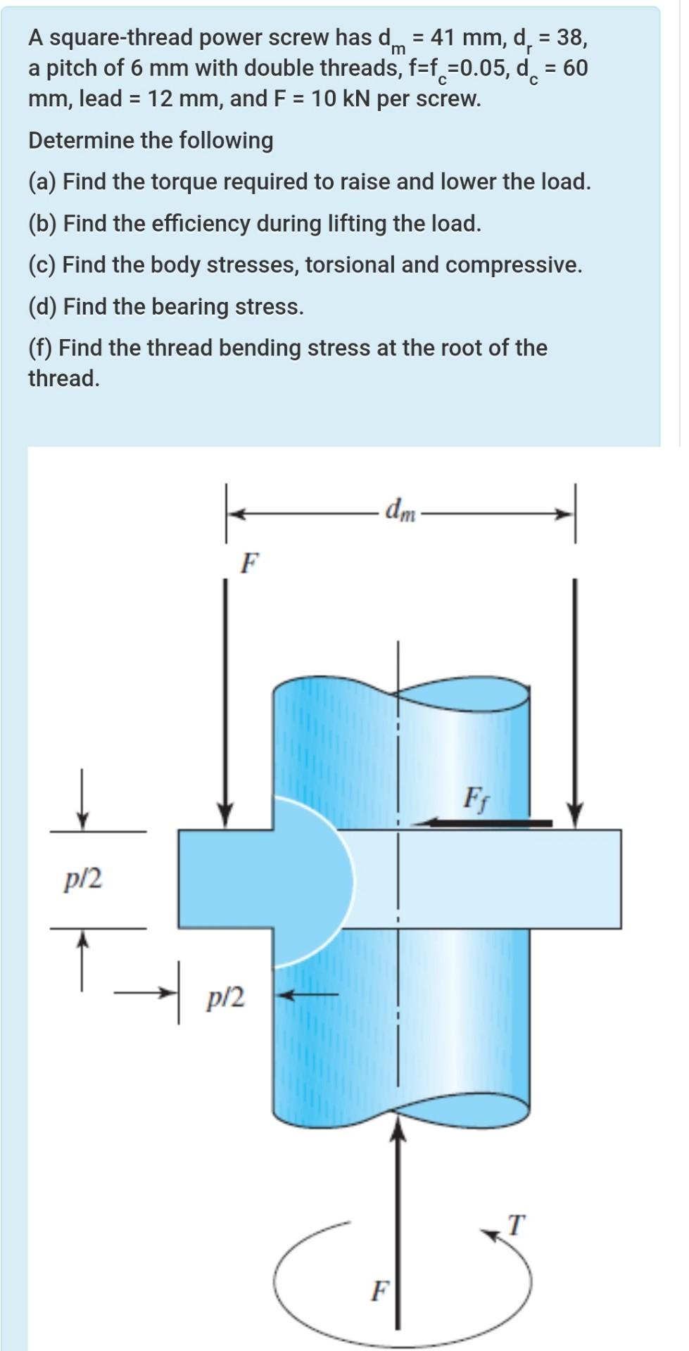 Solved A square-thread power screw has dm = 41 mm, d, = 38, | Chegg.com